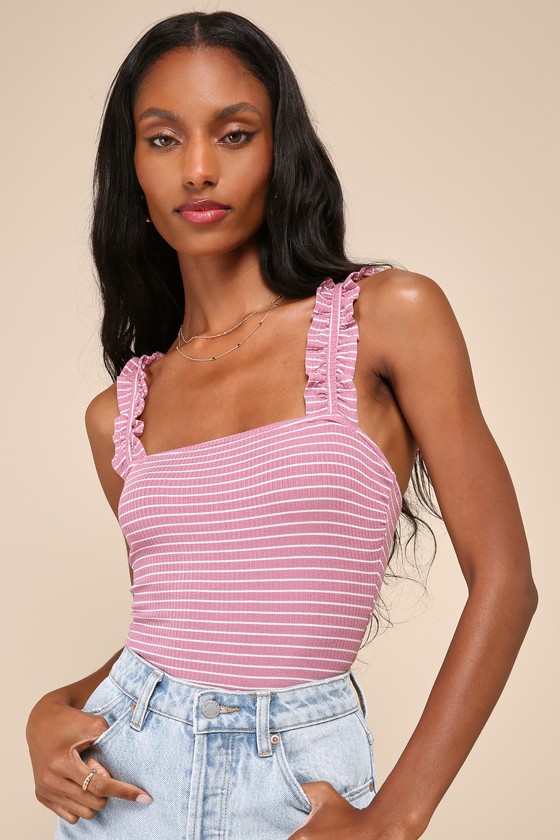 Pink Bodysuit Ribbed Sleeveless Bodysuit Ruffled Bodysuit Lulus