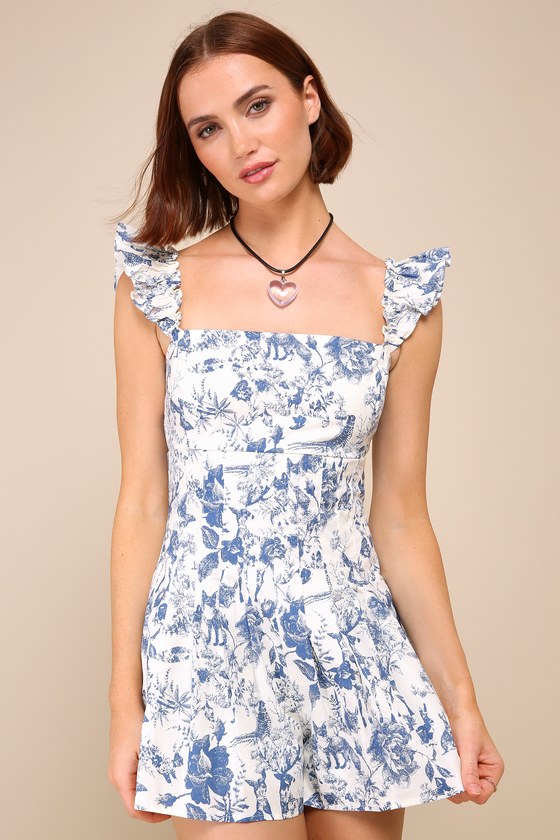 Blue and White Toile Romper - Ruffled Romper - Pleated Romper - Lulus