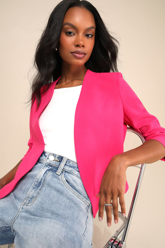 Fuchsia Blazer - Three-Quarter Sleeve Blazer - Pleated Blazer - Lulus