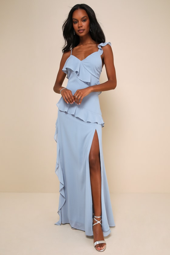 Light Blue Gown - Ruffled Maxi Dress - Chiffon Ruffled Maxi Dress - Lulus