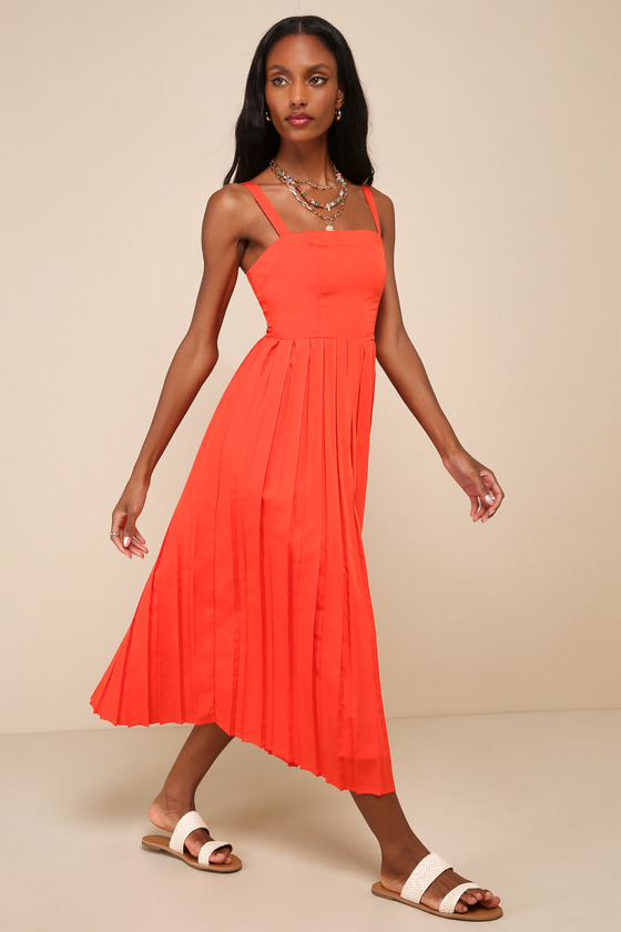Red Orange Dress - Sleeveless Midi Dress - Pleated Midi Dress - Lulus