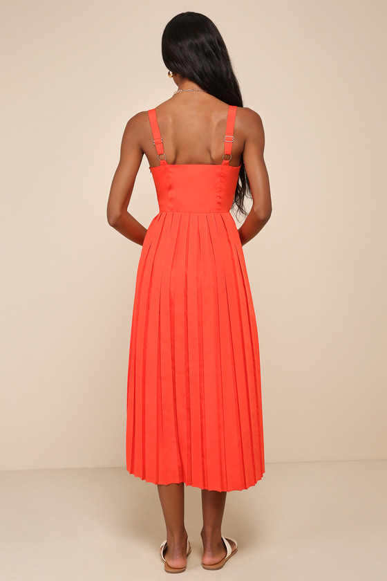 Red Orange Dress - Sleeveless Midi Dress - Pleated Midi Dress - Lulus
