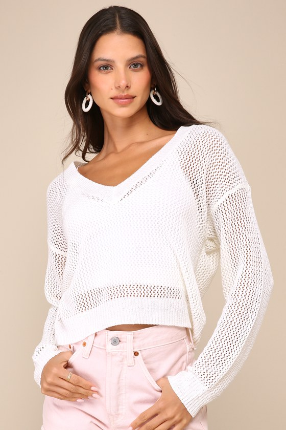 Cute White Sweater - Loose Knit Sweater Top - V-Neck Sweater Top - Lulus