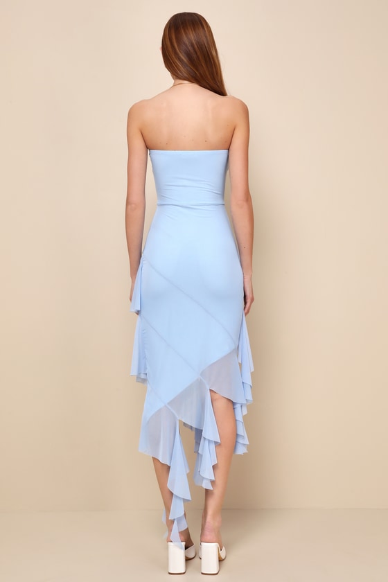Light Blue Mesh Dress - Asymmetrical Dress - Strapless Midi Dress - Lulus