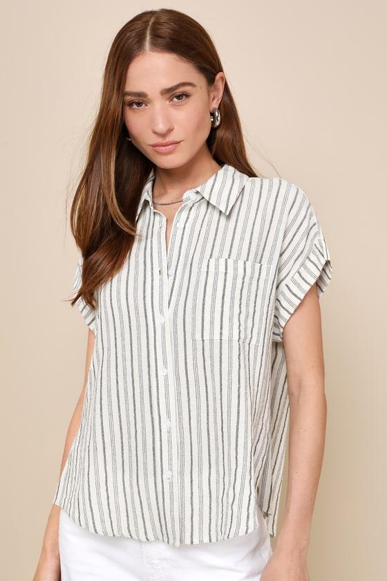 Ivory Striped Top - Cotton Collared Shirt - Cotton Button-Up Top - Lulus