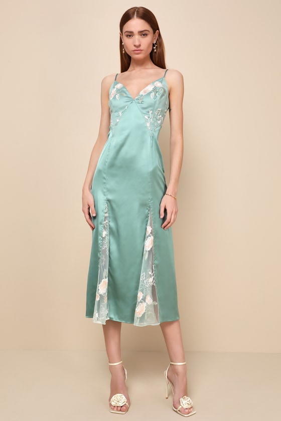 Green Satin Midi Dress - Embroidered Floral Dress - Slip Dress - Lulus