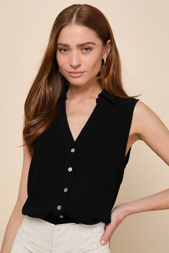 Black Tank Top - Black Button-Up Tank Top - Collared Tank Top - Lulus