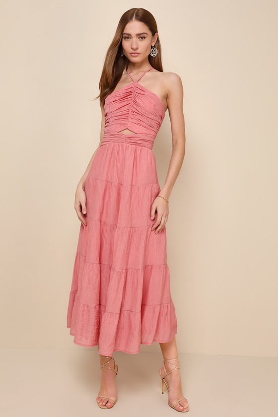 Rusty Rose Sundress - Tiered Midi Dress - Halter Ruched Dress - Lulus