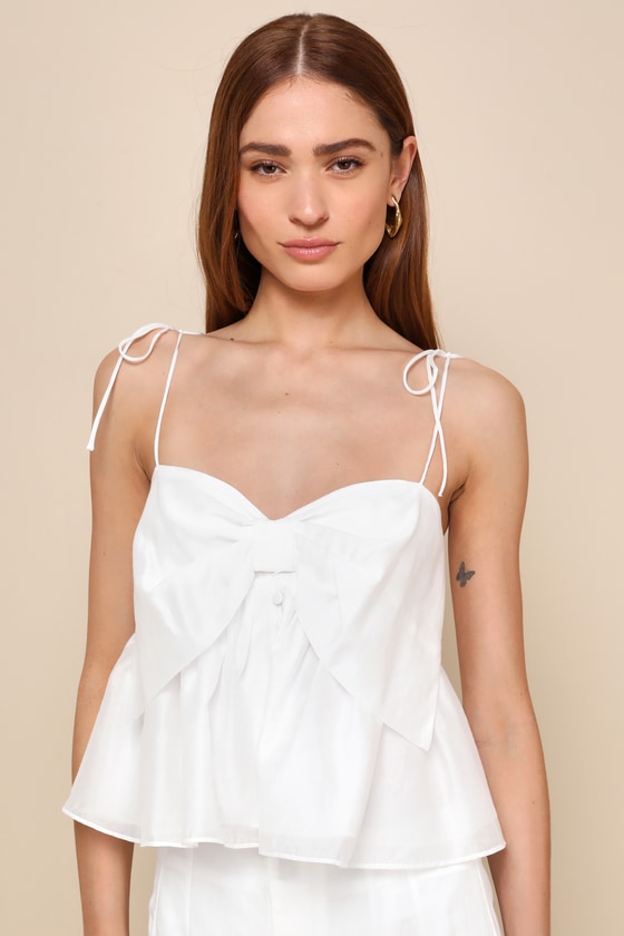 White Bow-Front Top - Tie-Strap Top - Cropped Cami Top - Lulus