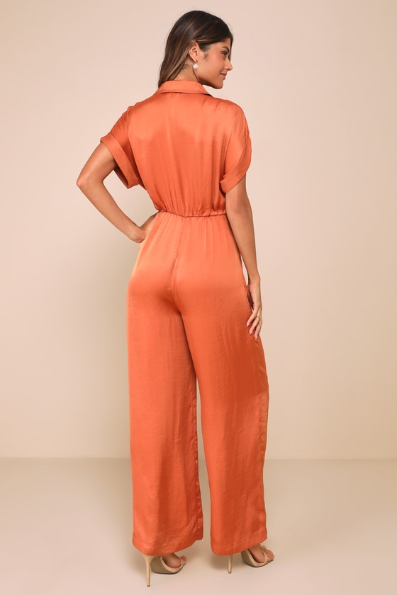 Steve Madden Tori - Orange Satin Jumpsuit - Short Sleeve Jumpsuit - Lulus