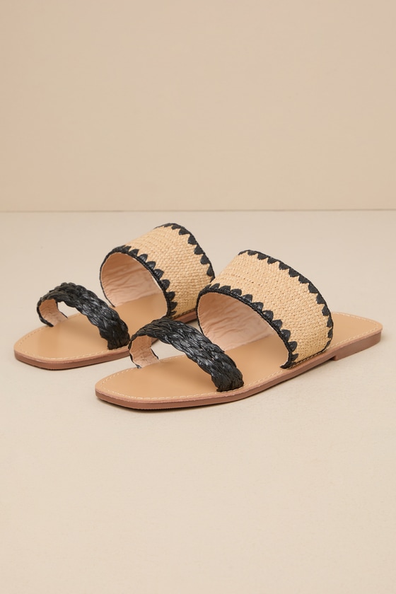 Black Slide Sandals - Raffia Woven Slide Sandals - Slide Sandals - Lulus