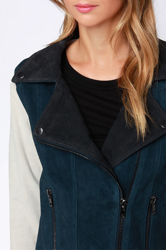 Color Block Jacket - Suede Jacket - Blue Jacket - $213.00