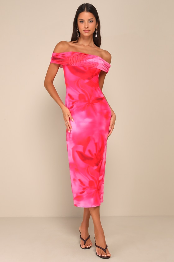 Pink Floral Dress - Off-the-Shoulder Dress - Mesh Midi Dress - Lulus