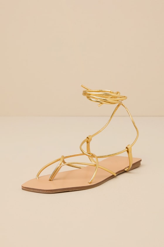 Gold Strappy Sandals - Lace-Up Flat Sandals - Gold Flat Sandals - Lulus