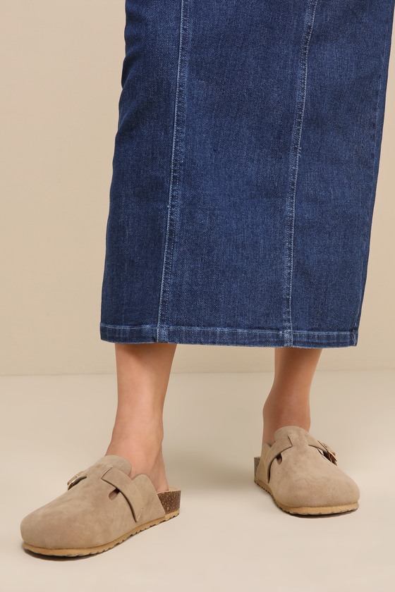 Taupe Suede Clogs - Slide-On Flat Clogs - Buckle Clogs - Clogs - Lulus
