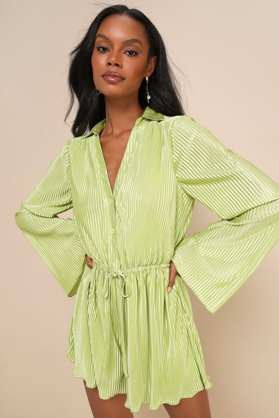 Chartreuse Satin Romper - Pleated Romper - Long Sleeve Romper - Lulus