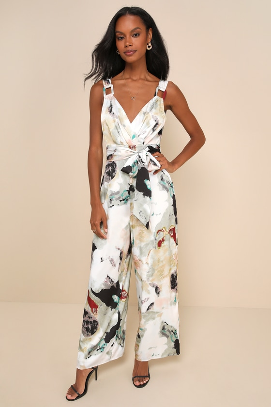 Multi Abstract Print Jumpsuit - Satin Jumpsuit - O-Ring Jumpsuit - Lulus