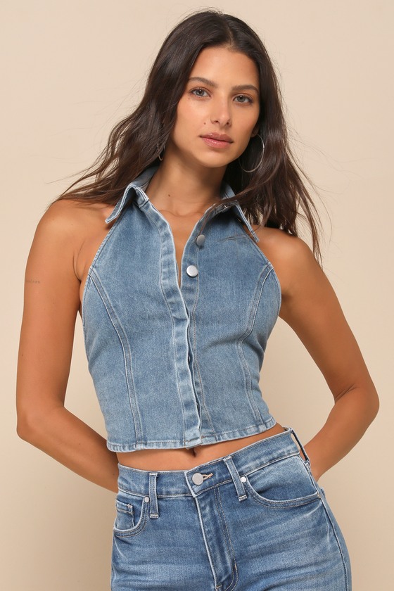 Light Wash Collared Top - Denim Crop Top - Light Wash Denim Top - Lulus