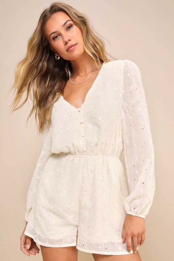 Cream Eyelet Romper - Embroidered Romper - Long Sleeve Romper - Lulus
