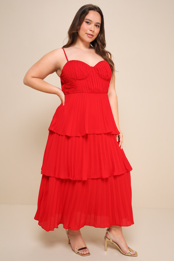Red Midi Dress - Tiered Pleated Midi Dress - Bustier Midi Dress - Lulus