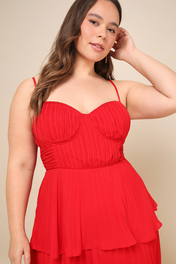 Red Midi Dress - Tiered Pleated Midi Dress - Bustier Midi Dress - Lulus