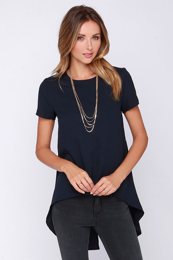 Cute Navy Blue Top - Office Top - Short Sleeve Top - High-Low Top - $41 ...