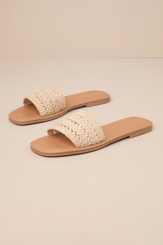 Beige Raffia Sandals - Woven Slides - Flat Slide Sandals - Lulus