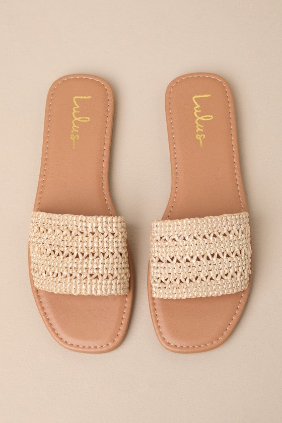 Beige Raffia Sandals - Woven Slides - Flat Slide Sandals - Lulus