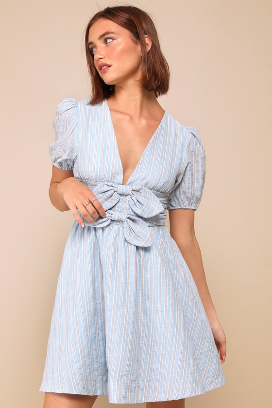 Light Blue Striped Dress - Puff Sleeve Dress - Bow Mini Dress - Lulus