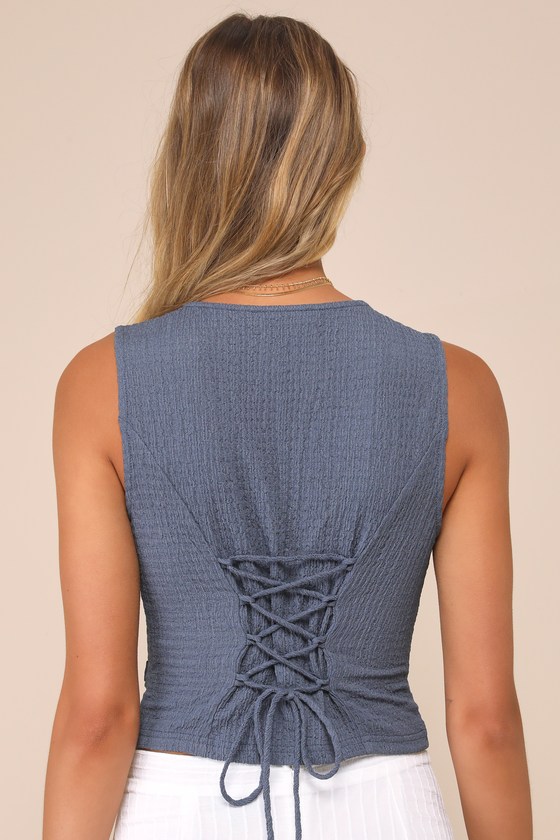 Dark Blue Vest Top - Lace-Up Vest Top - Textured Button-Up Top - Lulus
