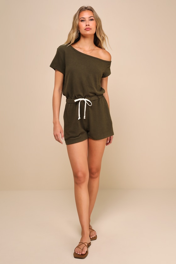 Olive Green Romper - Knit Lounge Romper - Off-the-Shoulder Romper - Lulus