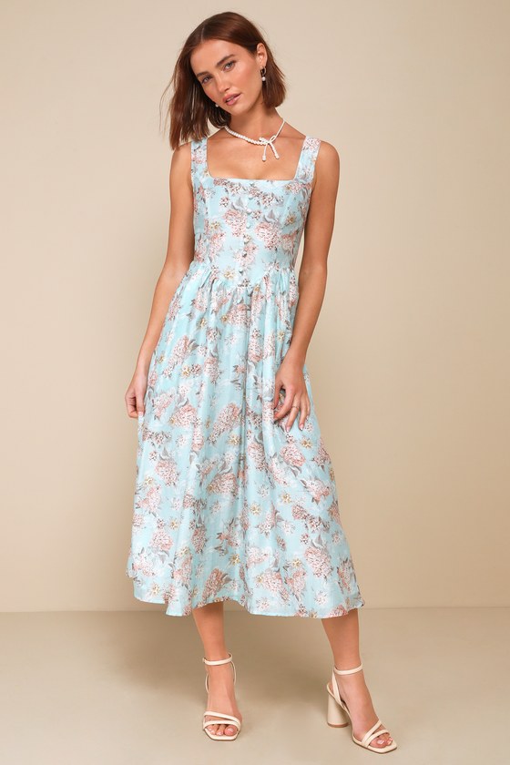 Light Blue Floral Dress - Midi Dress With Pockets - Corset Dress - Lulus