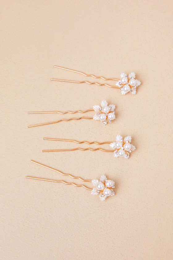 Gold Pearl Rhinestone Hair Pins - 4-Pc Hair Pin Set - Accessories - Lulus