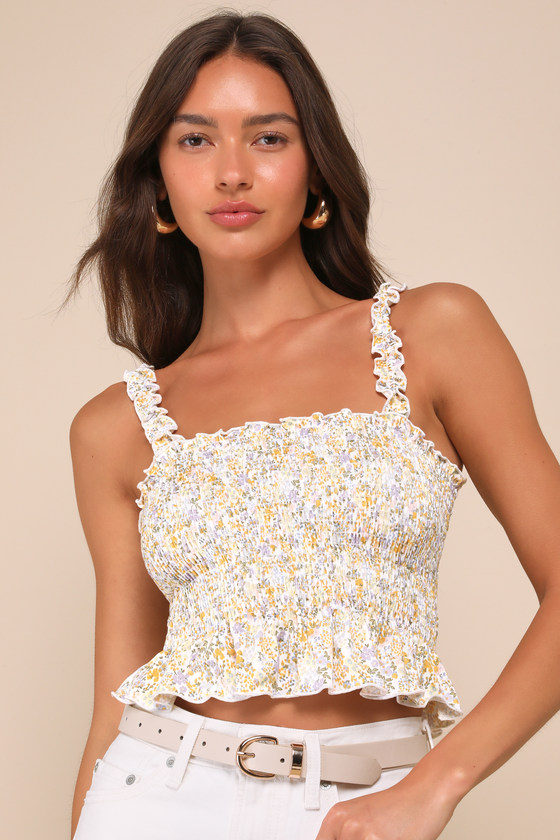 Ivory Multi Floral Tank Top - Smocked Tank Top - Cropped Tank Top - Lulus