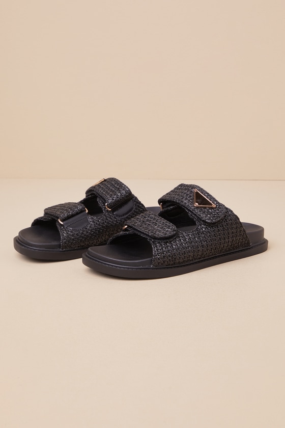 Black Slide Sandals - Raffia Slide Sandals - Slide Sandals - Lulus