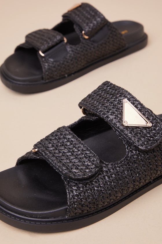 Black Slide Sandals - Raffia Slide Sandals - Slide Sandals - Lulus