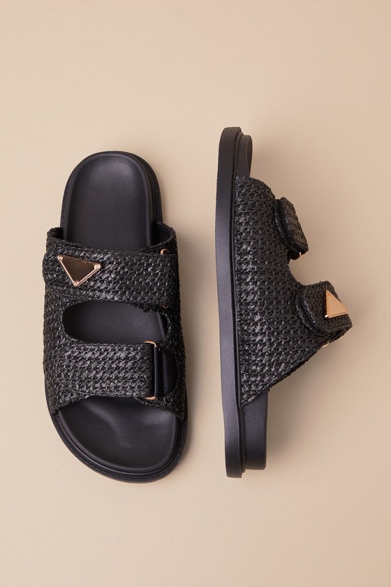 Black Slide Sandals - Raffia Slide Sandals - Slide Sandals - Lulus