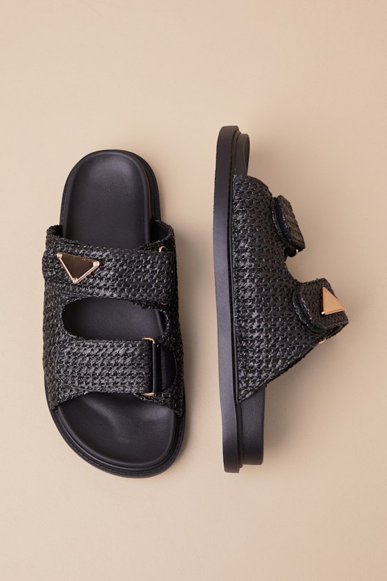 Black Slide Sandals - Raffia Slide Sandals - Slide Sandals - Lulus