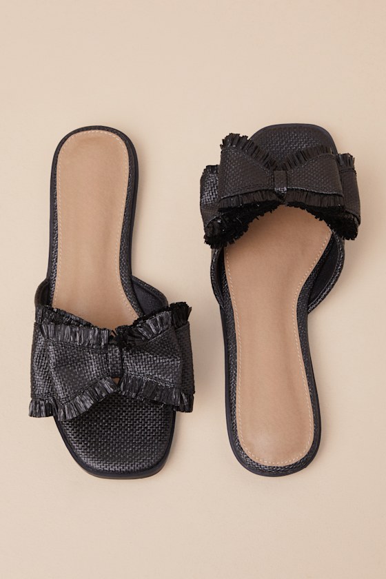 Black Raffia Sandals - Woven Bow Sandals - Flat Slide Sandals - Lulus