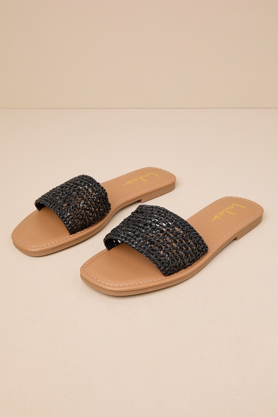 Black Raffia Sandals - Woven Slides - Flat Slide Sandals - Lulus
