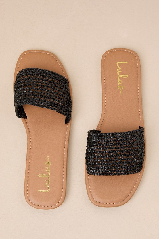 Black Raffia Sandals - Woven Slides - Flat Slide Sandals - Lulus