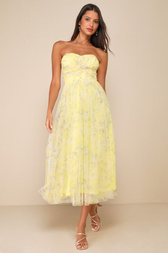 Yellow Floral Dress - Strapless Midi Dress - Twist-Front Dress - Lulus