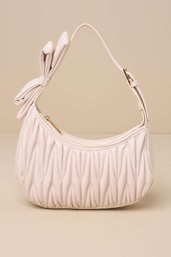 Light Beige Bag - Textured Vegan Leather Bag - Bow Shoulder Bag - Lulus