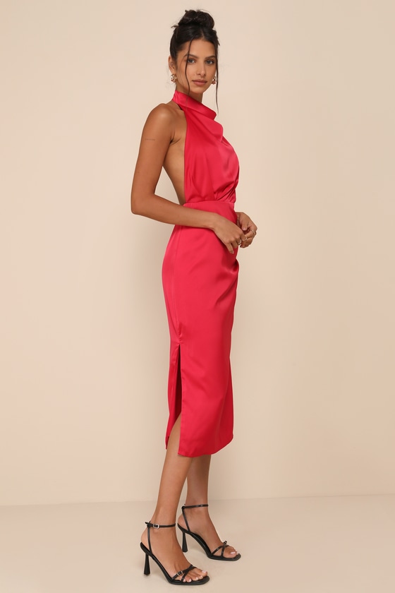 Bright Red Satin Dress - Halter Midi Dress - Backless Midi Dress - Lulus