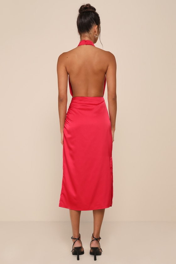 Bright Red Satin Dress - Halter Midi Dress - Backless Midi Dress - Lulus