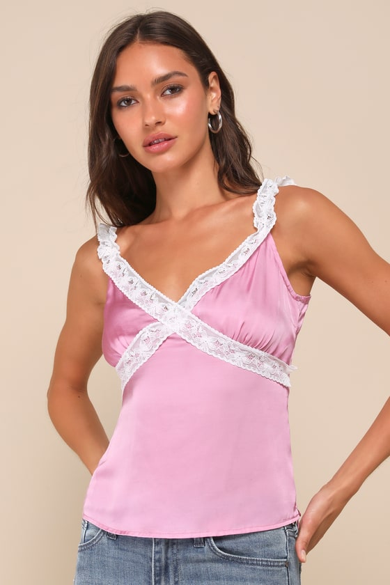 Pink Satin Tank Top - Lace-Trimmed Tank Top - V-Neck Tank Top - Lulus
