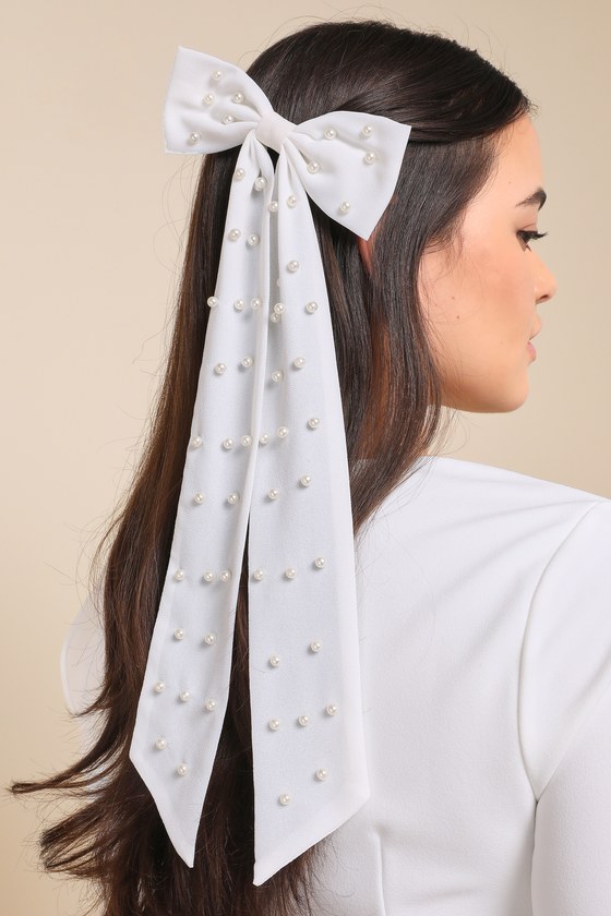 White Pearl Bow - Bow Hair Clip - Long Hair Bow - White Bow - Lulus