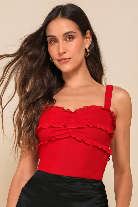 Red Mesh Bodysuit Ruffled Bodysuit Cute Sleeveless Bodysuit Lulus