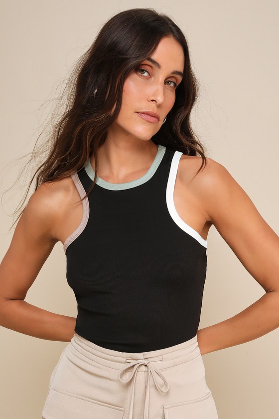 Black Tank Top - Ribbed Knit Tank Top - Color Block Tank Top - Lulus
