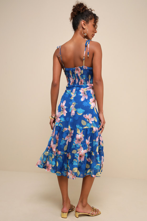 Blue Floral Print Dress - Tiered Dress - Tie-Strap Midi Dress - Lulus
